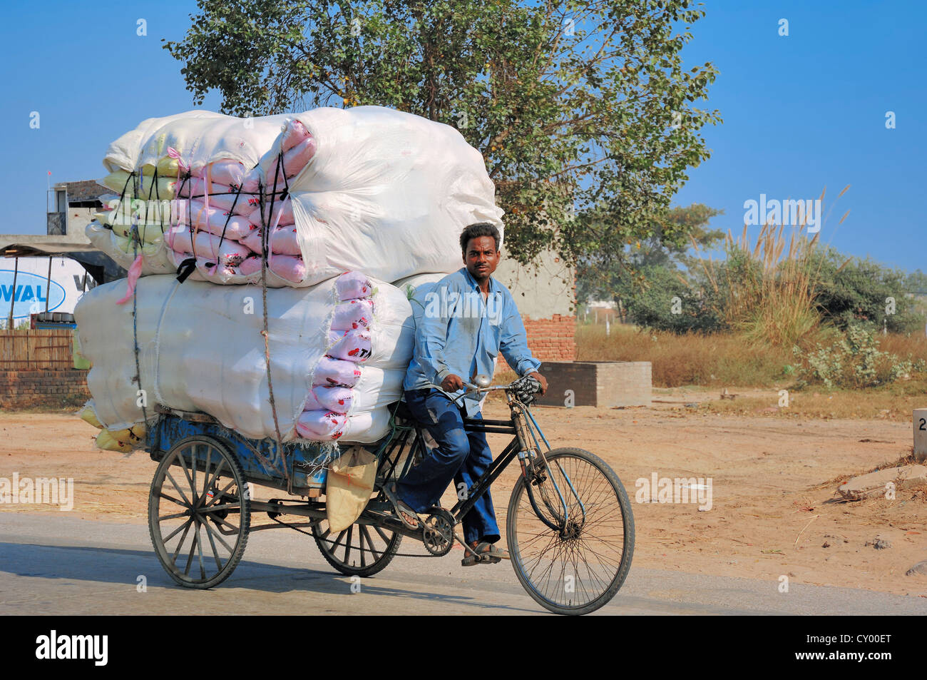 L'homme indien avec un cycle de charge, pousse-pousse du Rajasthan ...