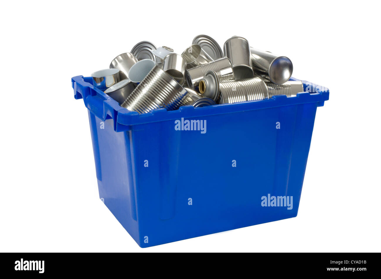 La Blue box plein de boîtes de conserve pour recyclage Photo Stock - Alamy