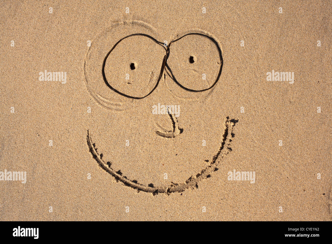 Smiley dessiné dans le sable sur une plage avec des spectacles d'algues ...