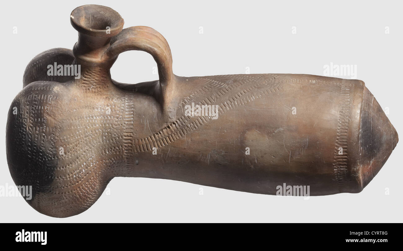 Un grand vaisseau rituel romain sous forme de phallus, 2e/3e siècle A.C. Céramique rouge-marron ...