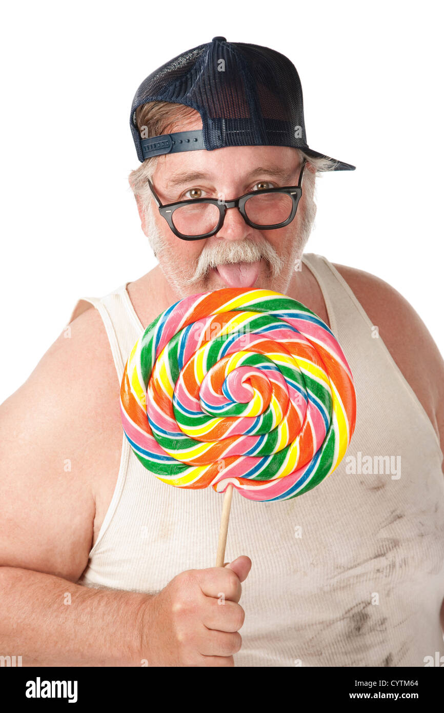 Fat Man avec verres épais de lécher une sucette Photo Stock - Alamy