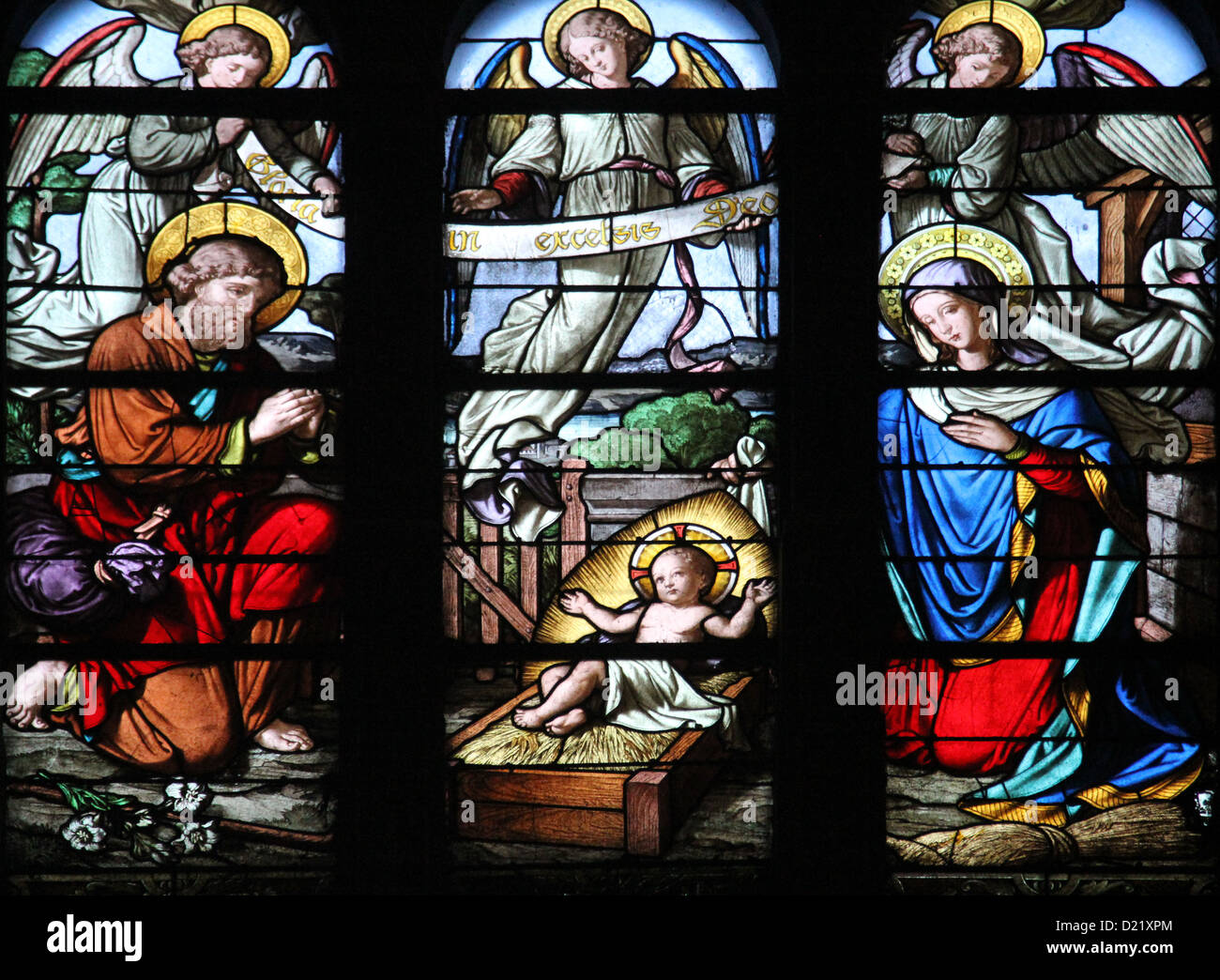 Scène de la nativité, vitrail dans l'église Saint-Eustache, Paris ...