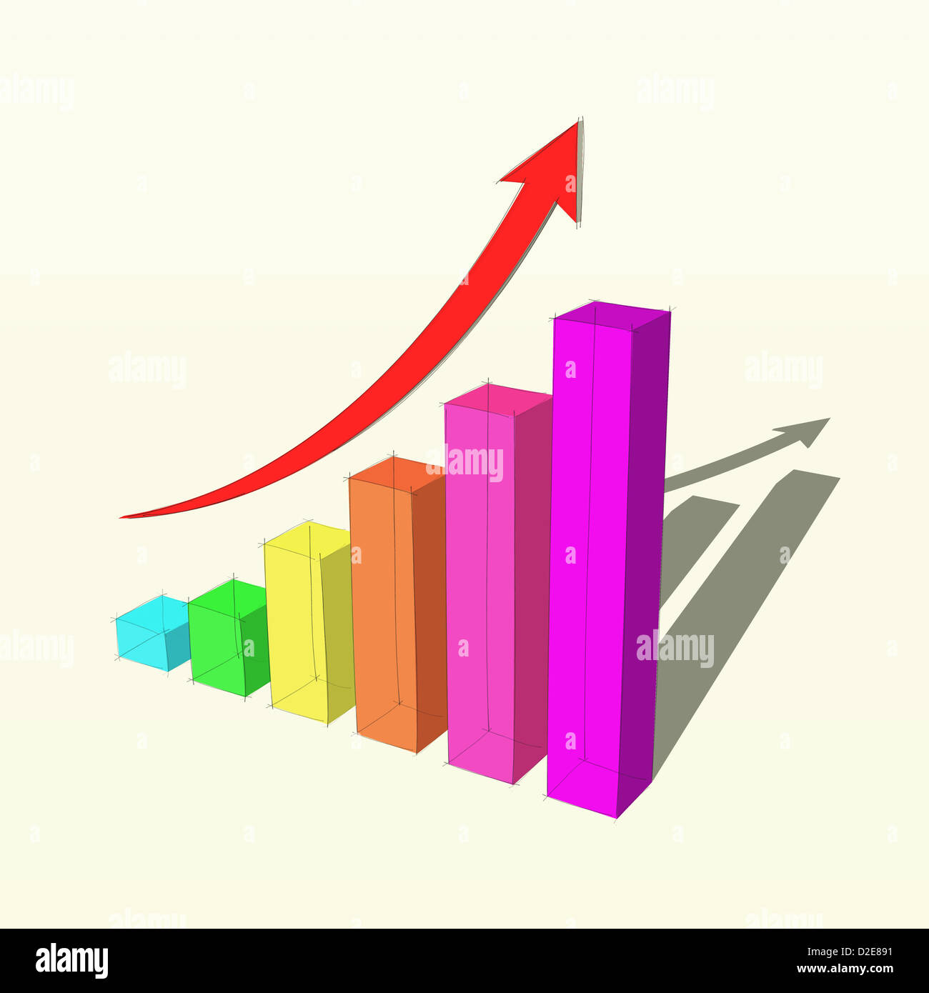 Croquis d'un graphique à barres colorées, avec une flèche qui monte ...