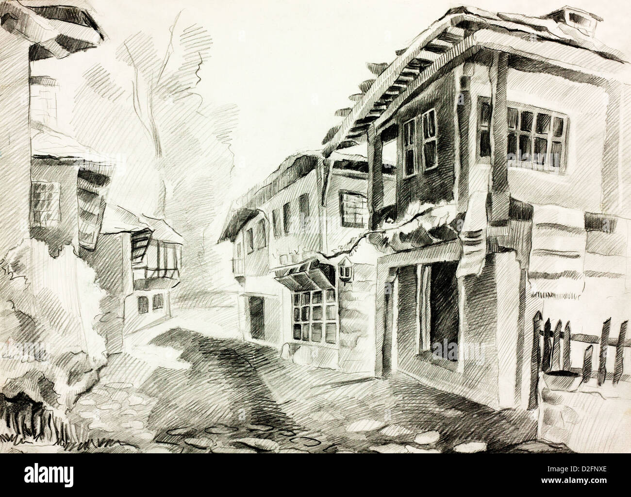 Dessin original au crayon ou fusain et peinture à la main de travail ou ...