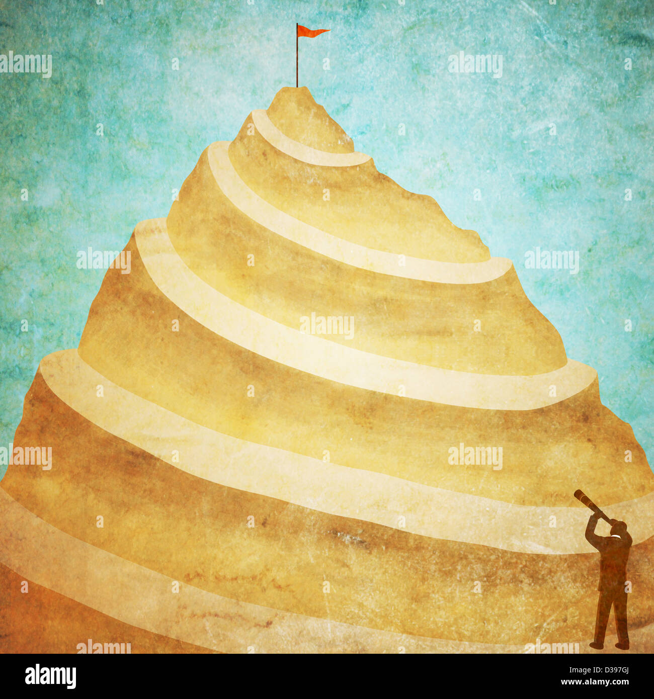 Image de l'homme illustration avec des jumelles à la recherche au sommet de montagne ...