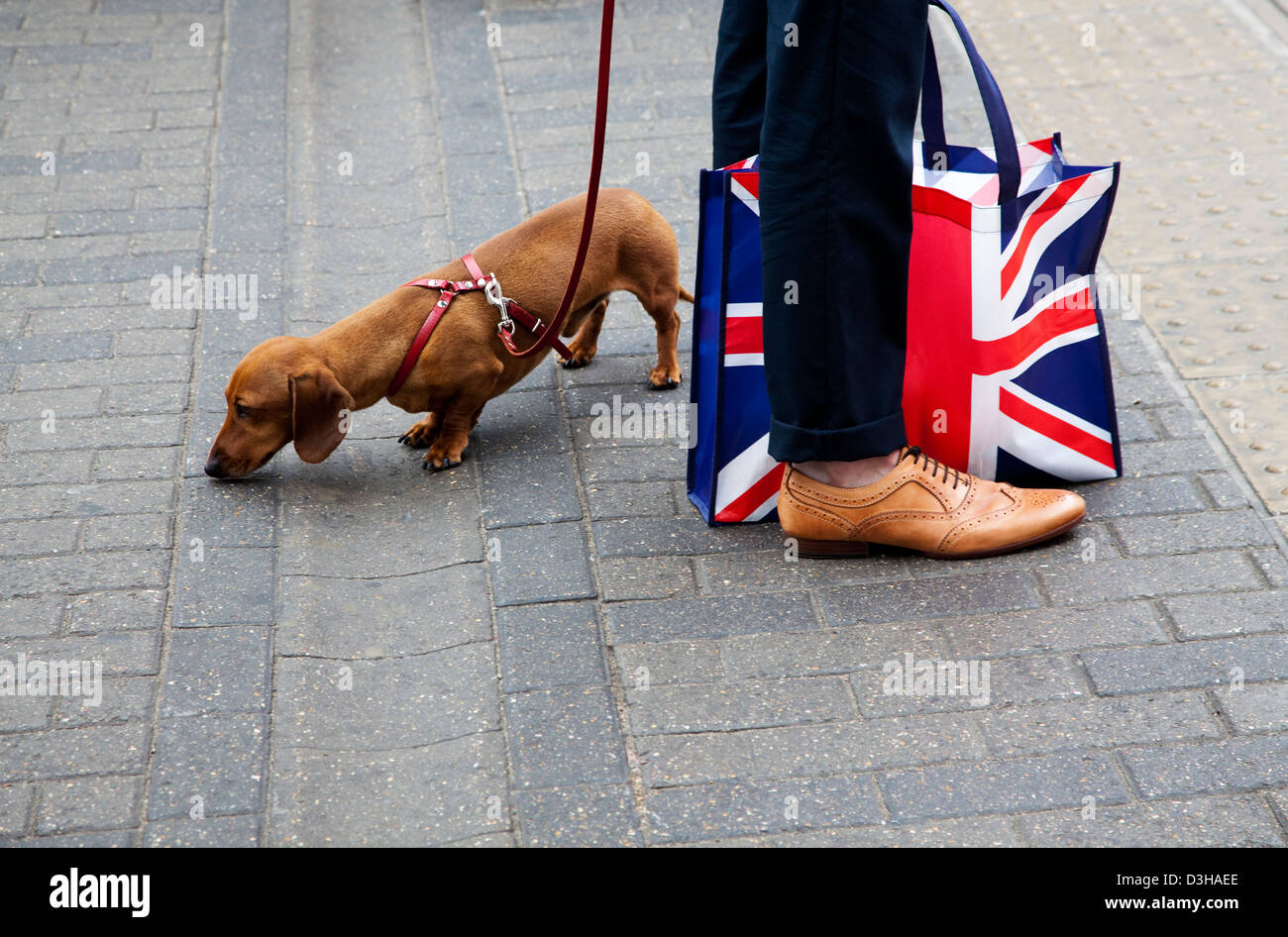 Homme portant un sac avec Union Jack est l'attente à une station de ...