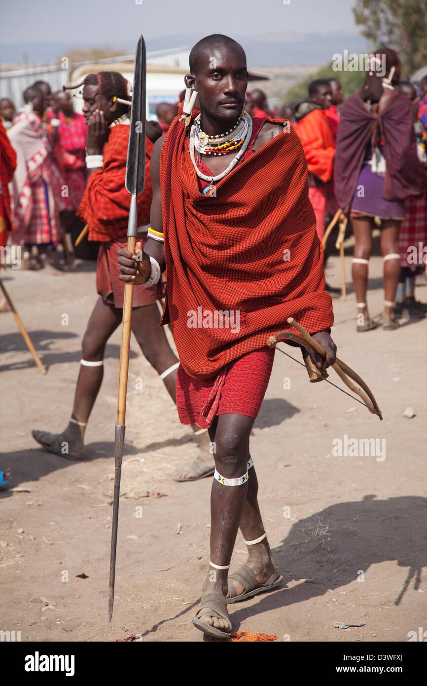 Un guerrier Massaï vêtus de shuka traditionnel et perles portant sa ...