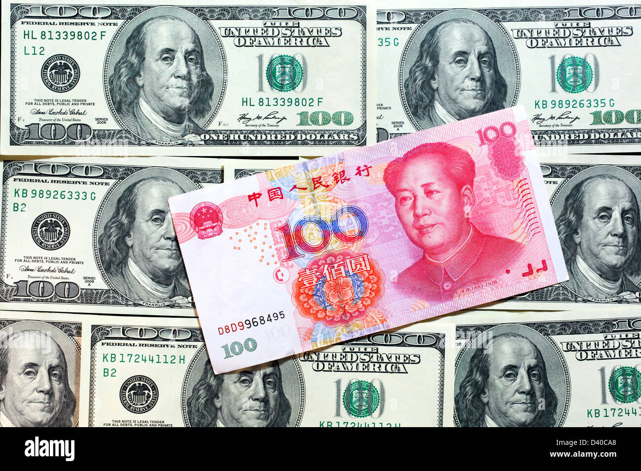 Billet de 100 Yuan chinois avec Mao Zedong et 100 US Dollars Euros ...