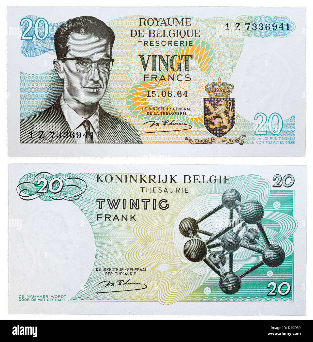Billet de 20 francs, le Roi Baudouin I et Atomium, Belgique, 1964 Photo ...