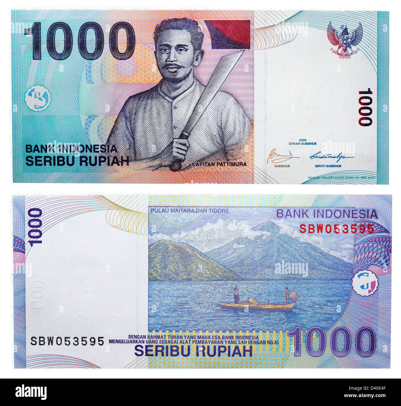 Billet de 1000 Rupiah, Kapitan Pattimura, bateau de pêche et le volcan ...