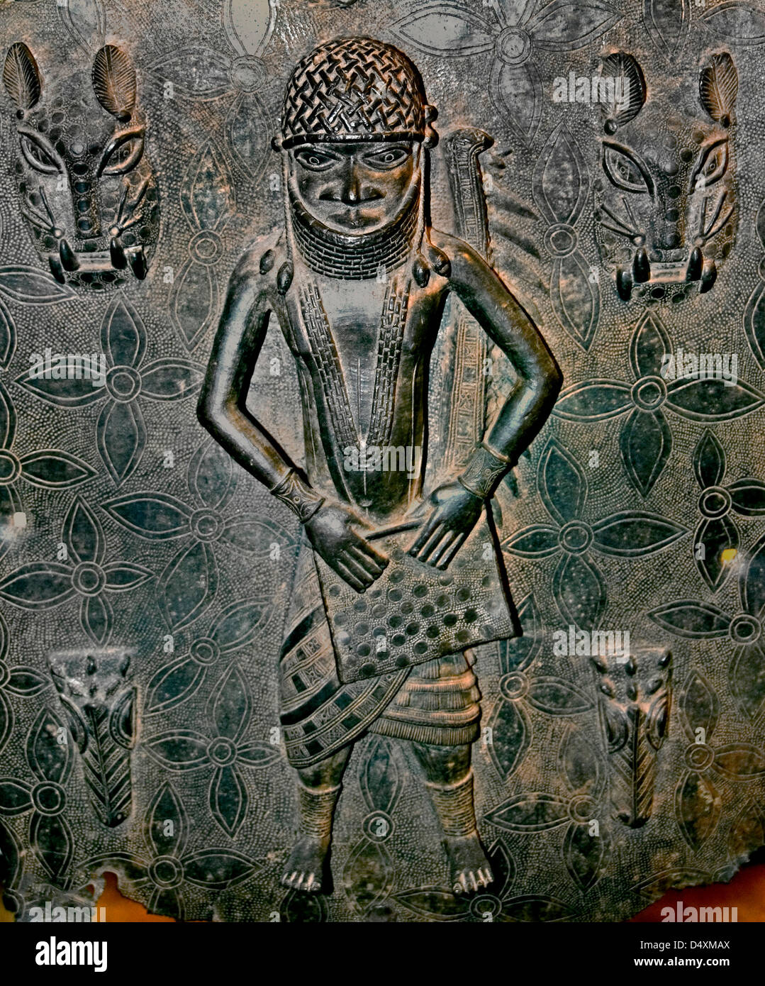 Plaque en laiton, bronze montrant l'Abo du Bénin avec un accompagnateur ...