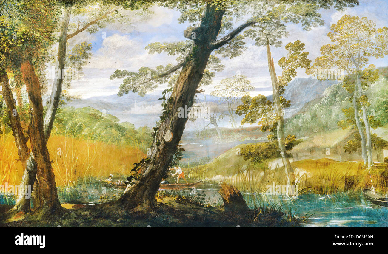 Annibale Carracci, rivière Paysage. Circa 1590. Huile sur toile ...