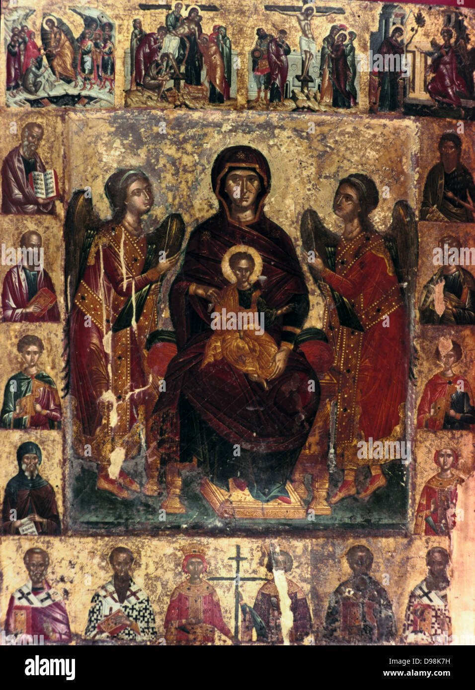 Vierge à l'Enfant entourée de deux anges en haut des scènes de la ...