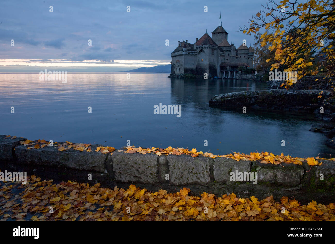 Château de Chillon, Lac, Genève, automne, nuit, sombre, le château, le ...