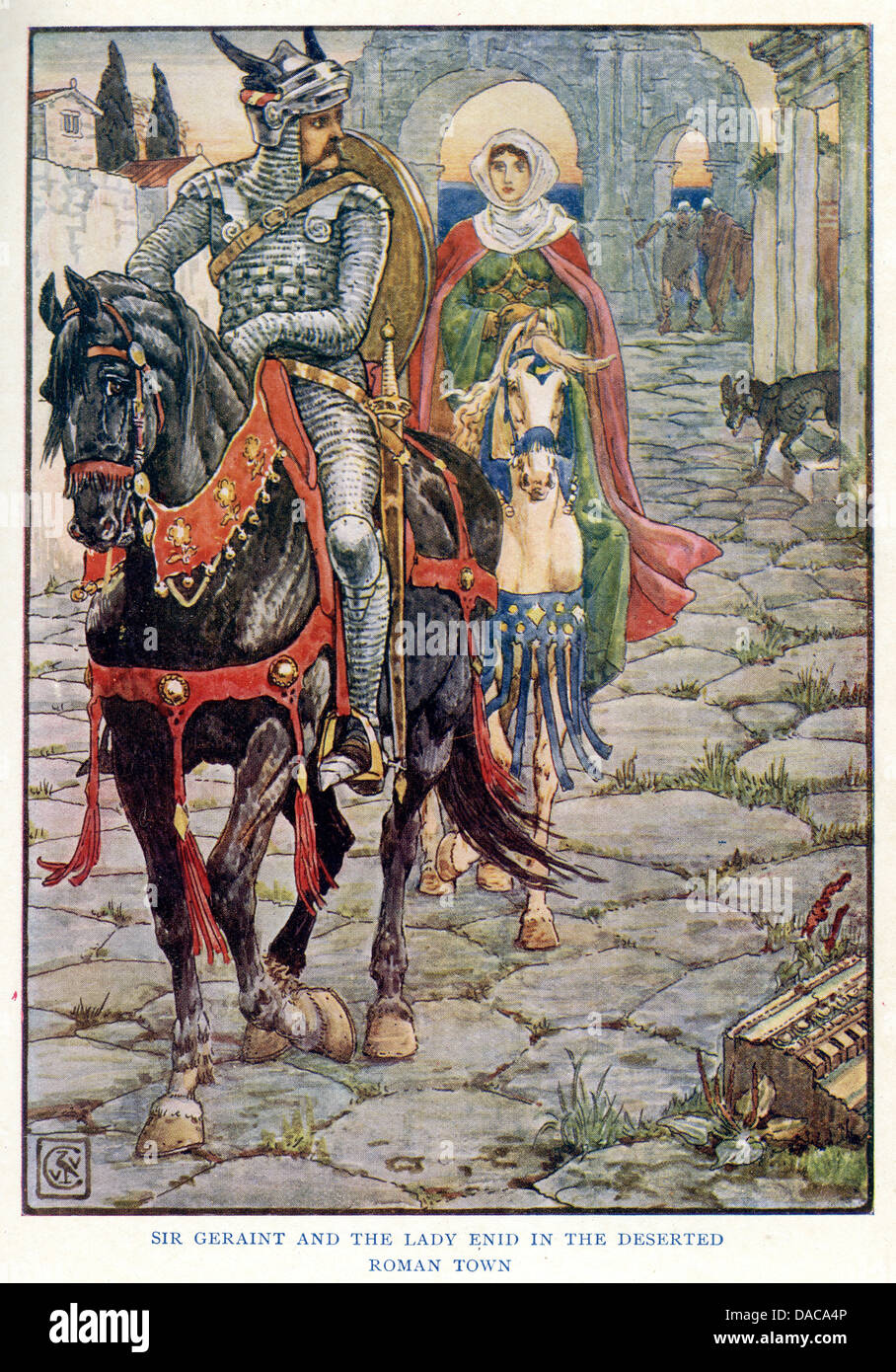 Sir Geraint et la dame Enid dans la ville romaine, chevaliers du roi ...