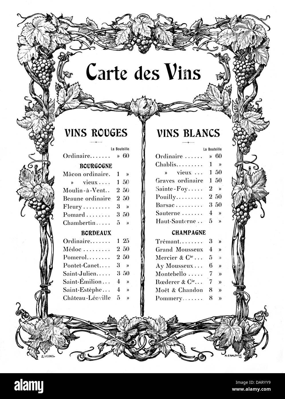 Gastronomie, menu, carte des vins français, vignette par A.Giraldon ...
