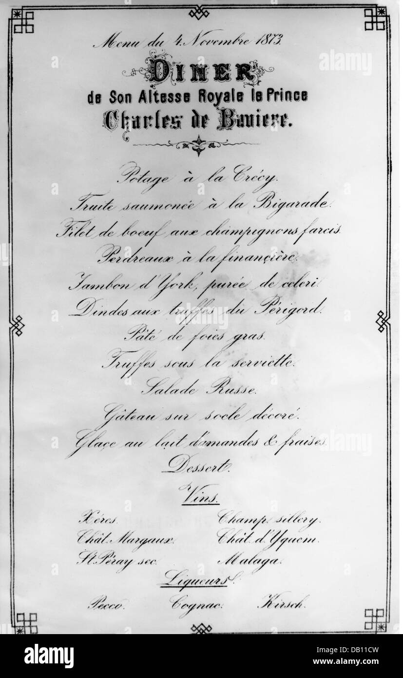 Gastronomie, menu, dîner formel du prince Karl de Bavière, 4.11.1873 ...