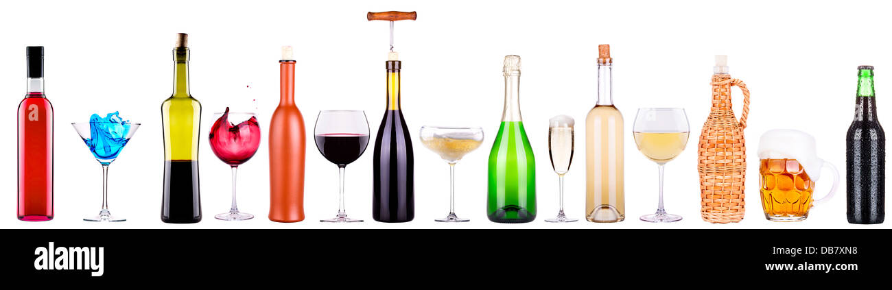 Vin rouge, champagne, bière, cocktail d'alcool et de bouteilles verre ...