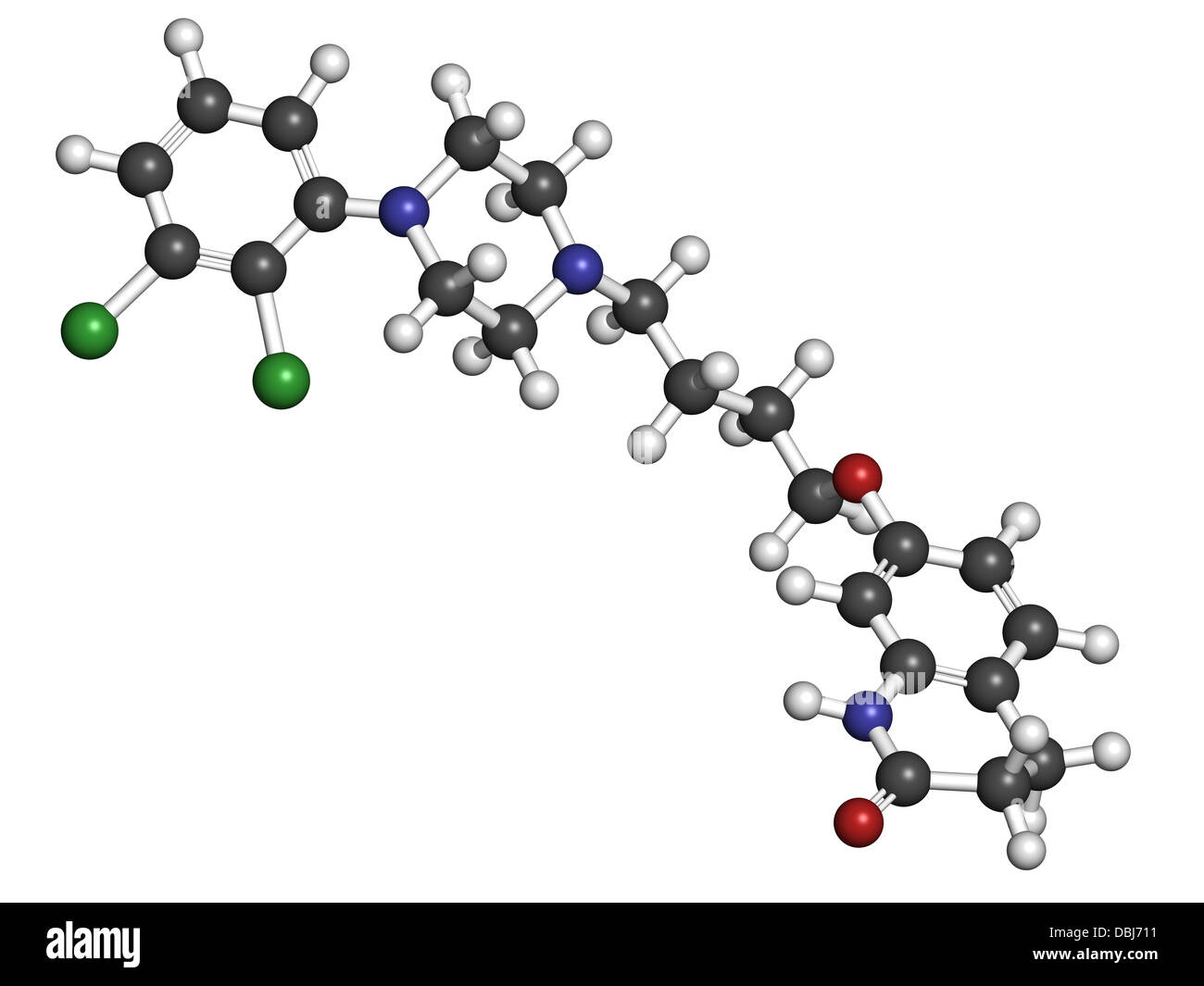 Antipsychotique aripiprazole, la structure chimique. Les atomes sont ...