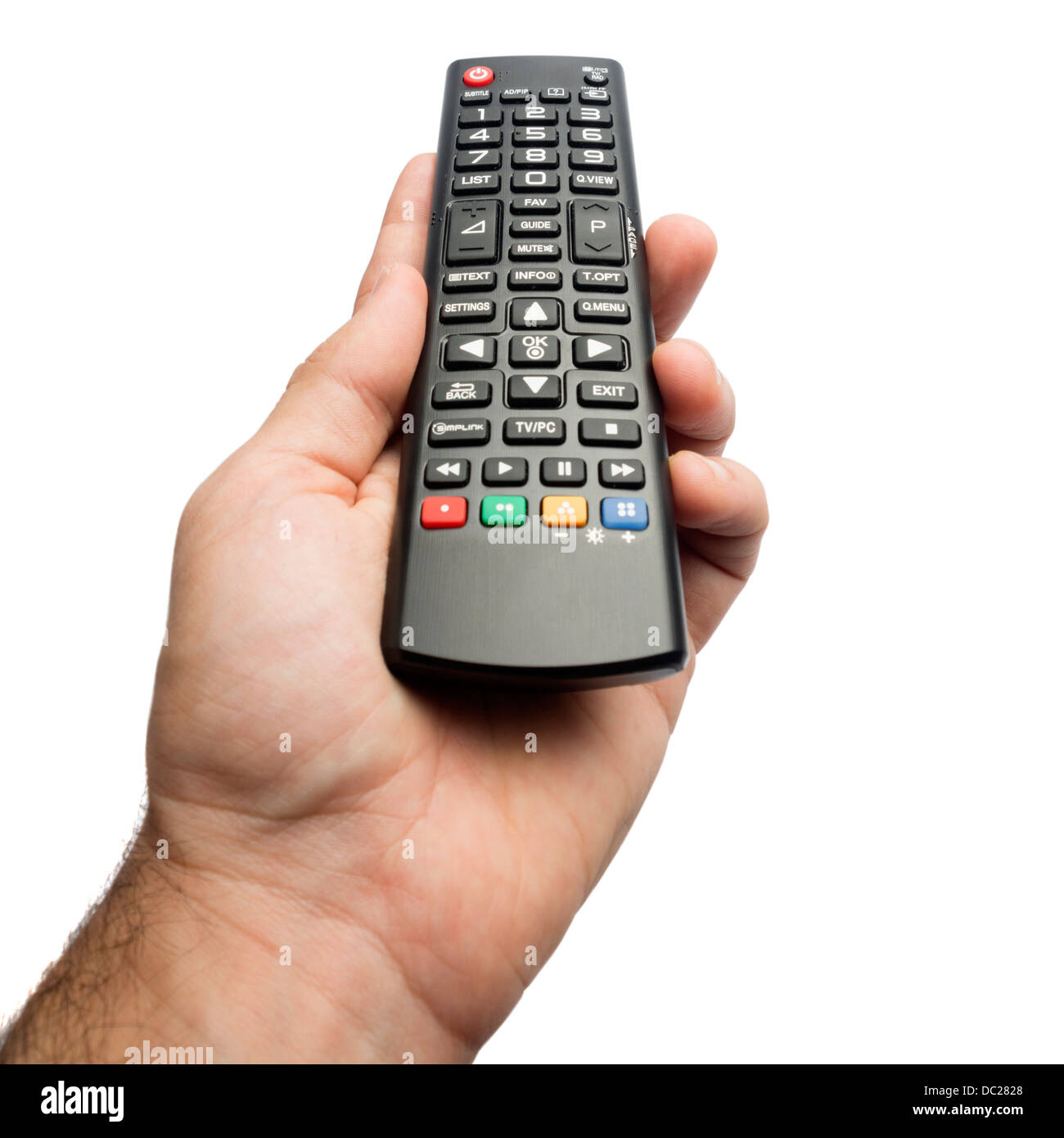 Point de vue photo de hand holding télécommande isolé sur fond blanc ...
