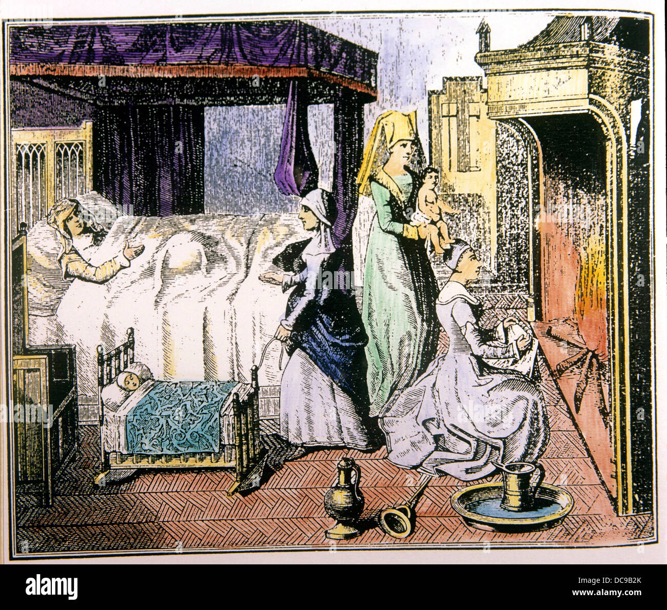 Période médiévale. Le nouveau-né avec des sages-femmes. 15e siècle. La ...