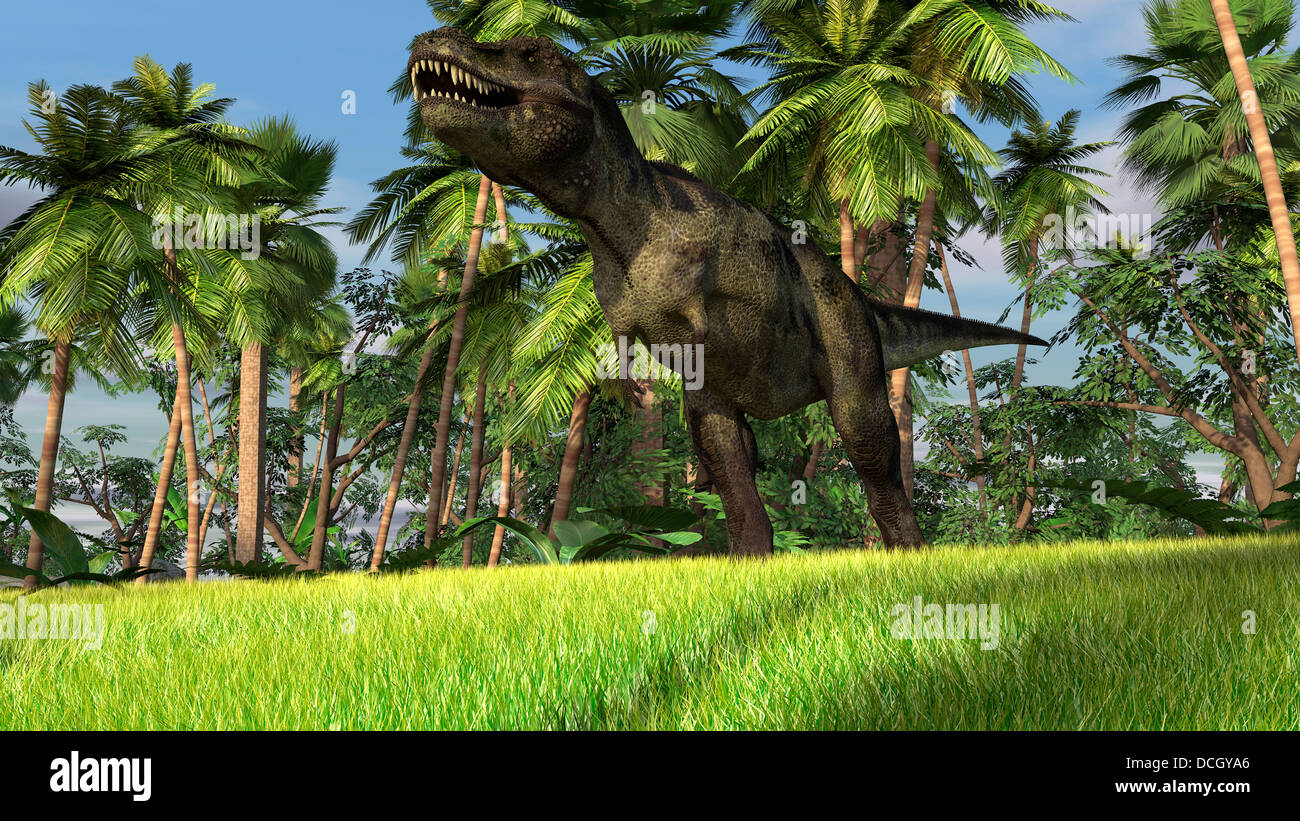 Artwork of a tyrannosaurus rex hunting Banque de photographies et d’images à haute résolution ...