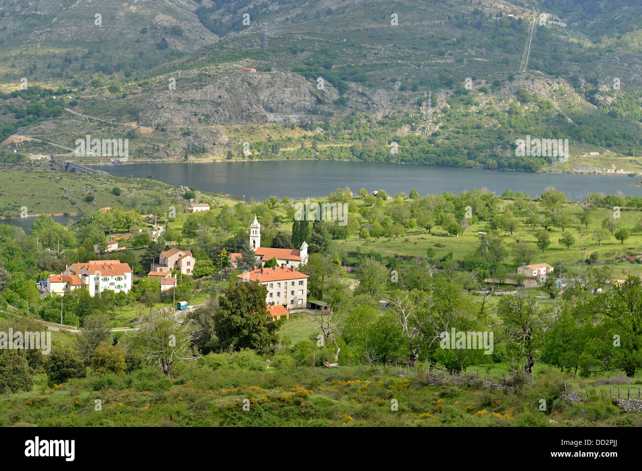 Vue aérienne du village de Calacuccia, vallée du Niolo, Massif Central ...