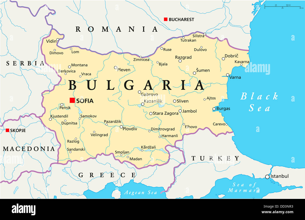 Carte politique de la Bulgarie avec capitale Sofia, les frontières ...