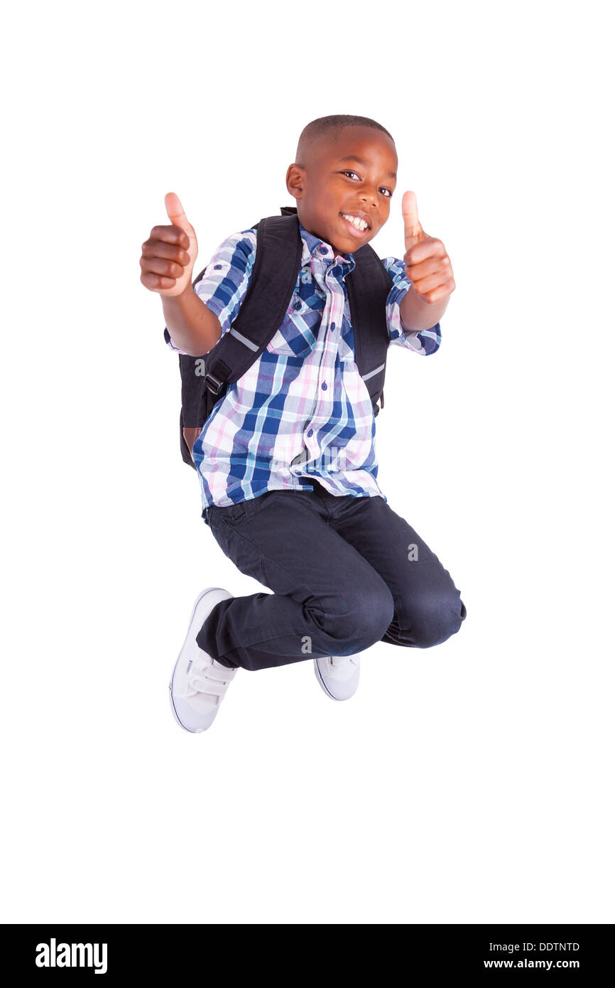 African American school boy jumping et décisions Thumbs up , isolé sur ...