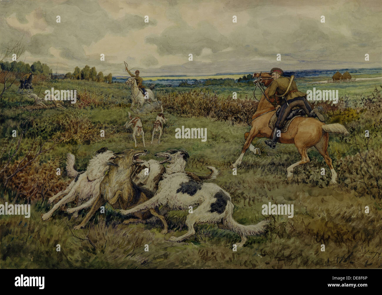 La chasse avec Borzois, 1937. Artiste : Ernest Lissner, Ernestovich ...