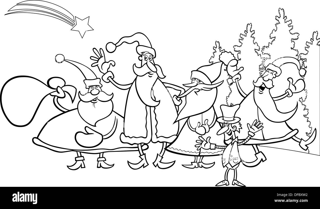 Illustration Cartoon noir et blanc du Père Noël avec personnages de ...