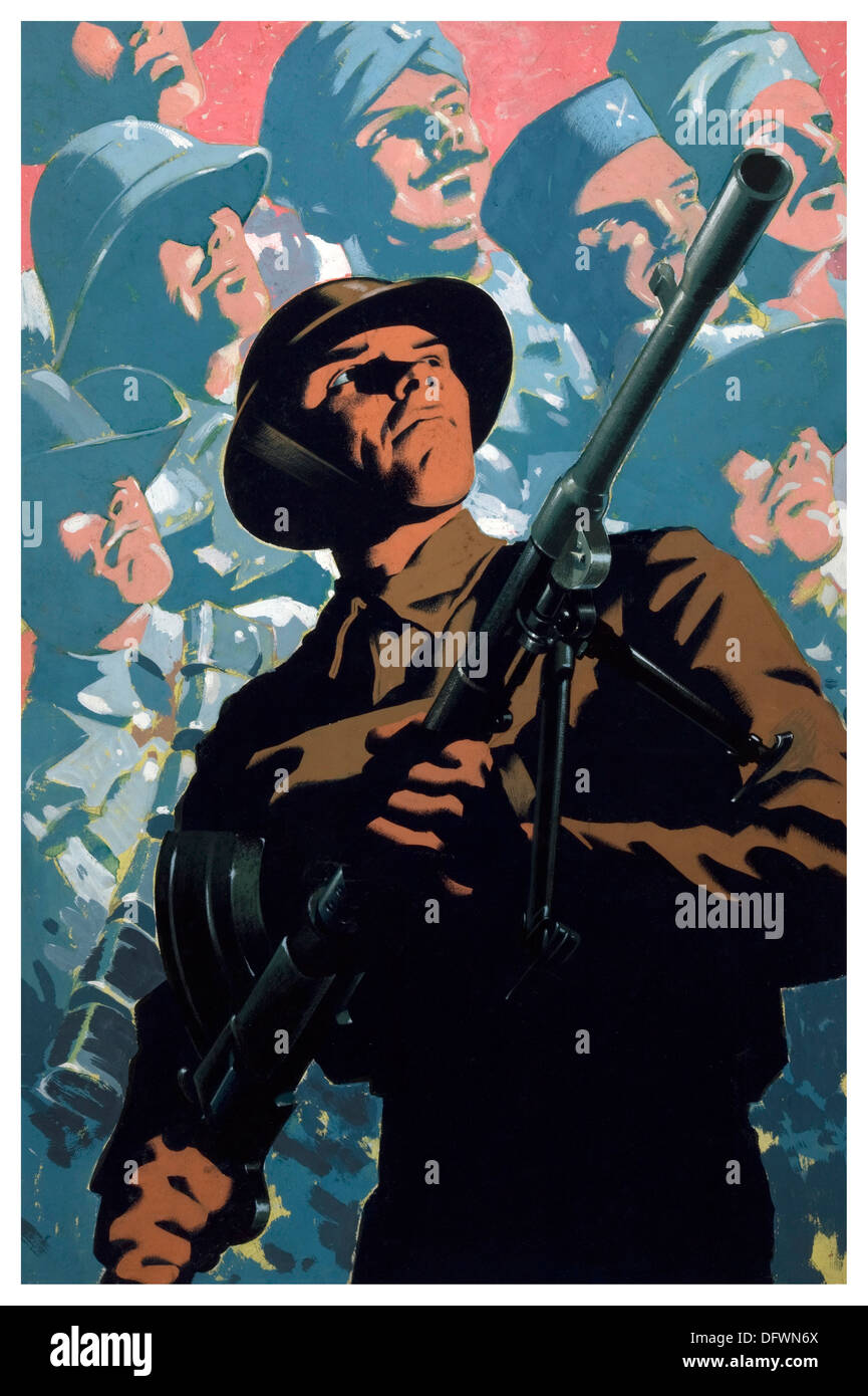 Affiches de propagande de la WW2 British Soldier avec une mitrailleuse ...