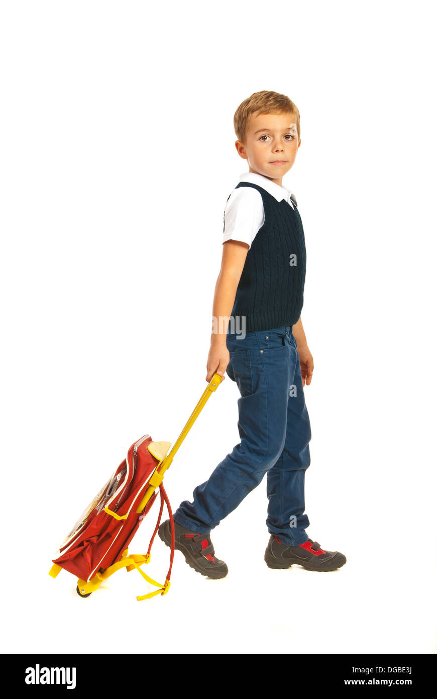 Cartable d'écolier avec aller à l'école isolé sur fond blanc Photo ...