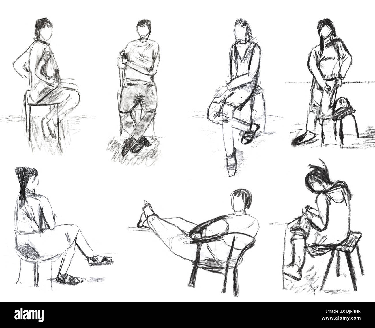 Les enfants dessin - croquis des gens assis Photo Stock - Alamy