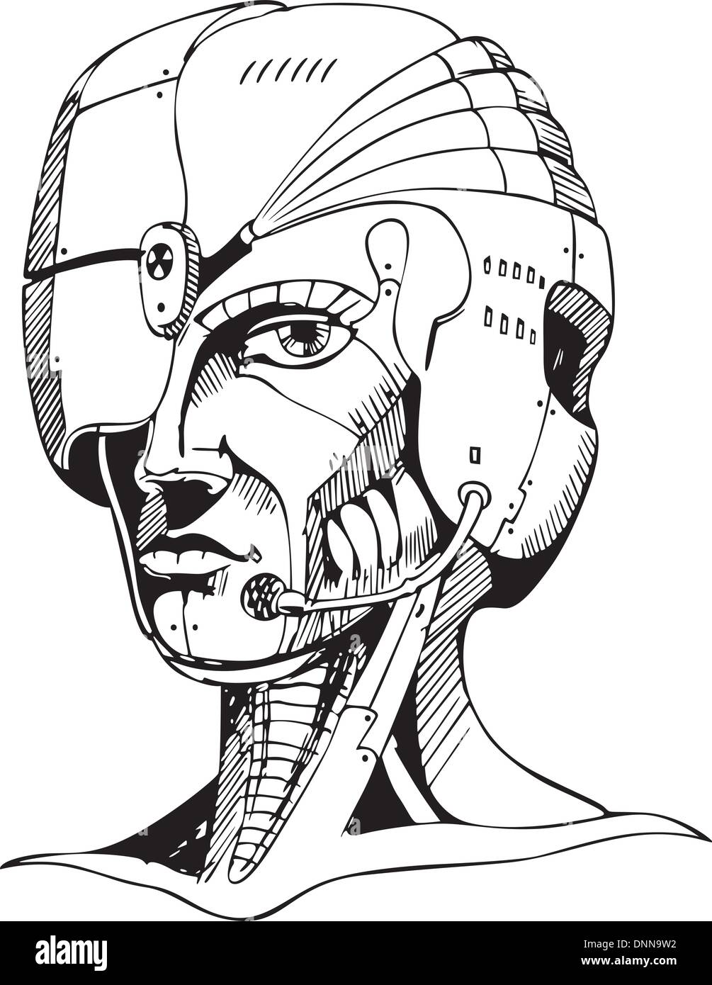Tête de femme cyborg. Vector illustration noir et blanc Image ...