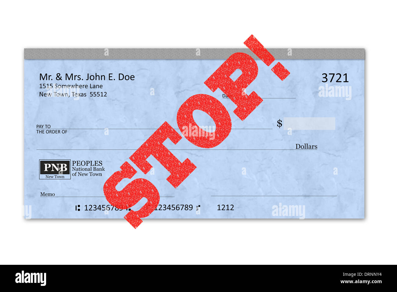 Illustration d'un chèque bancaire avec Stop estampillé sur le chèque ...