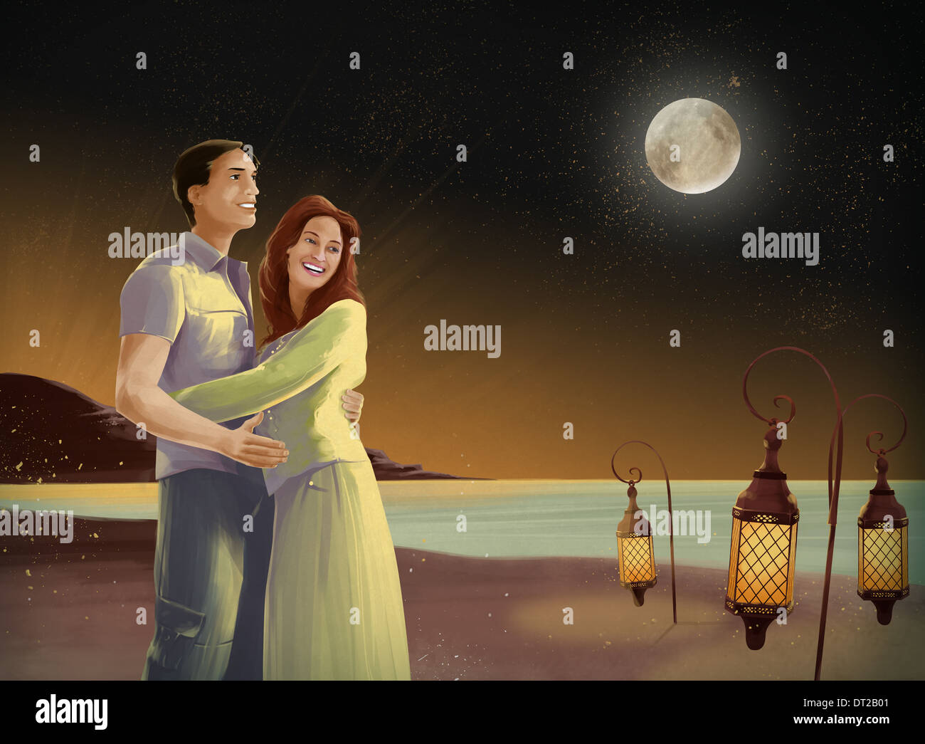 Couple beach night moon Banque de photographies et d’images à haute ...