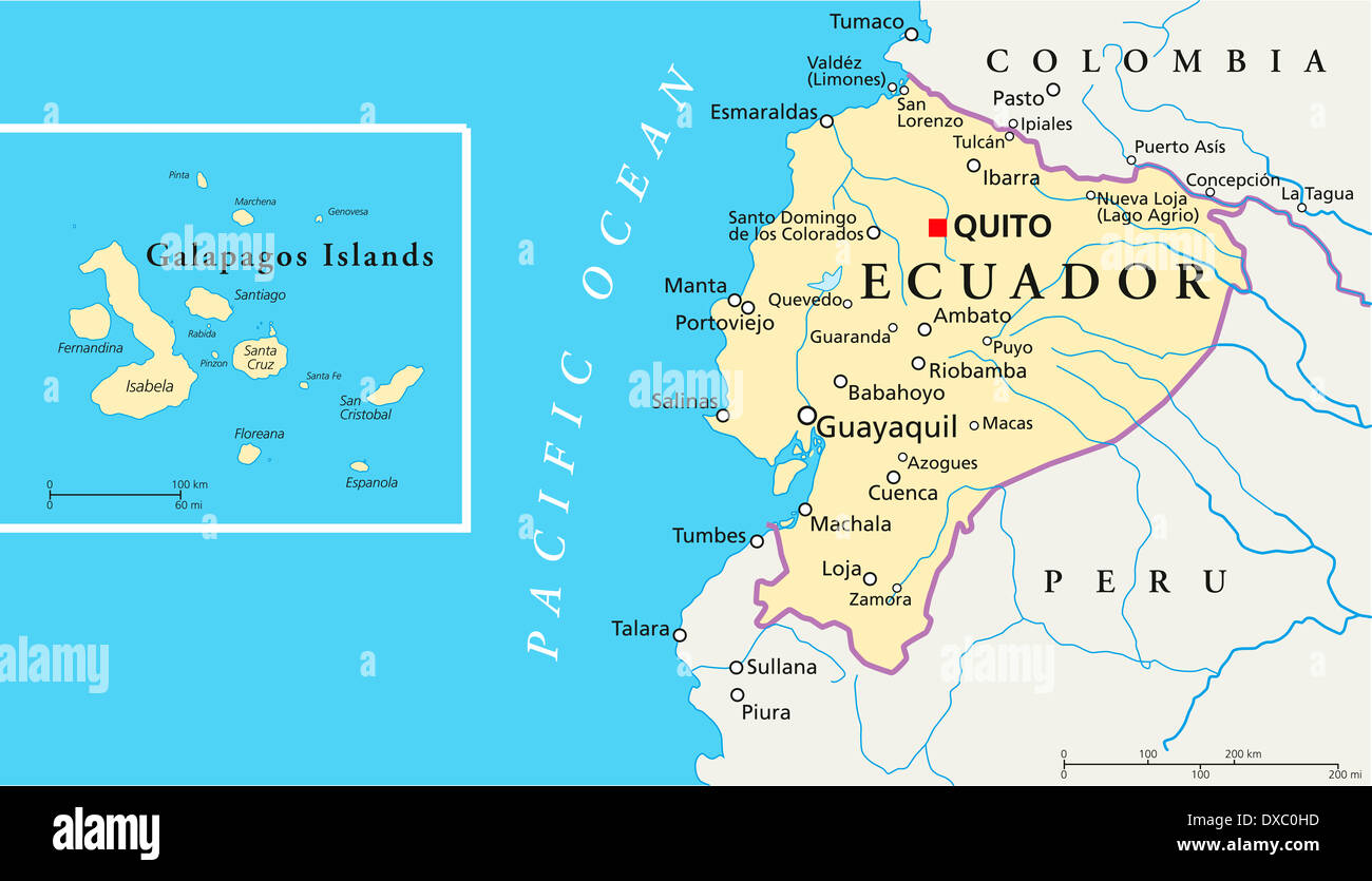 Carte politique de l'Équateur et Îles Galapagos avec la capitale Quito ...
