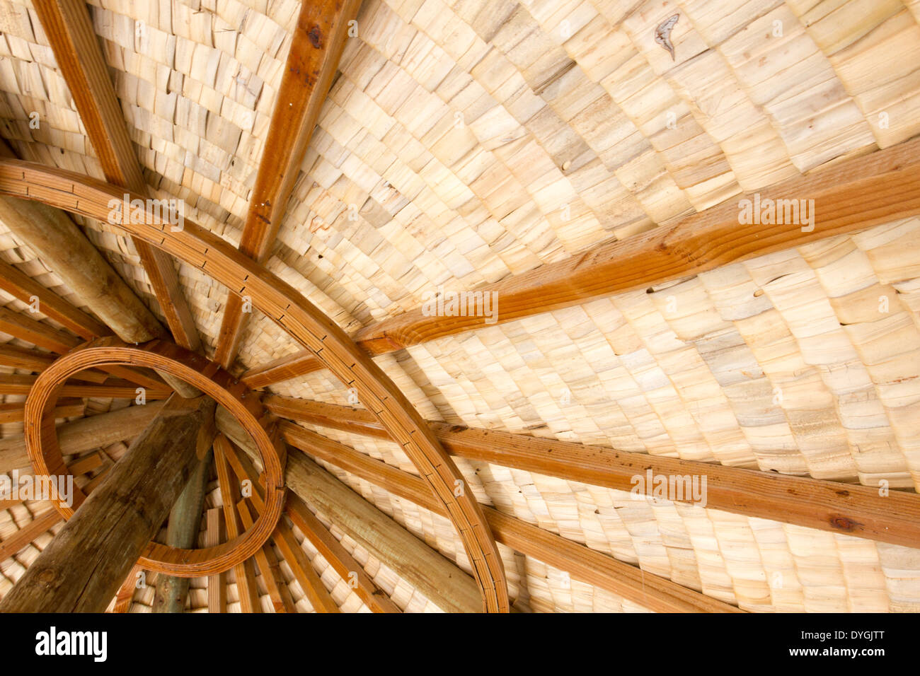 Plafond de toit de chaume ronde hut montrant la structure du chaume de ...