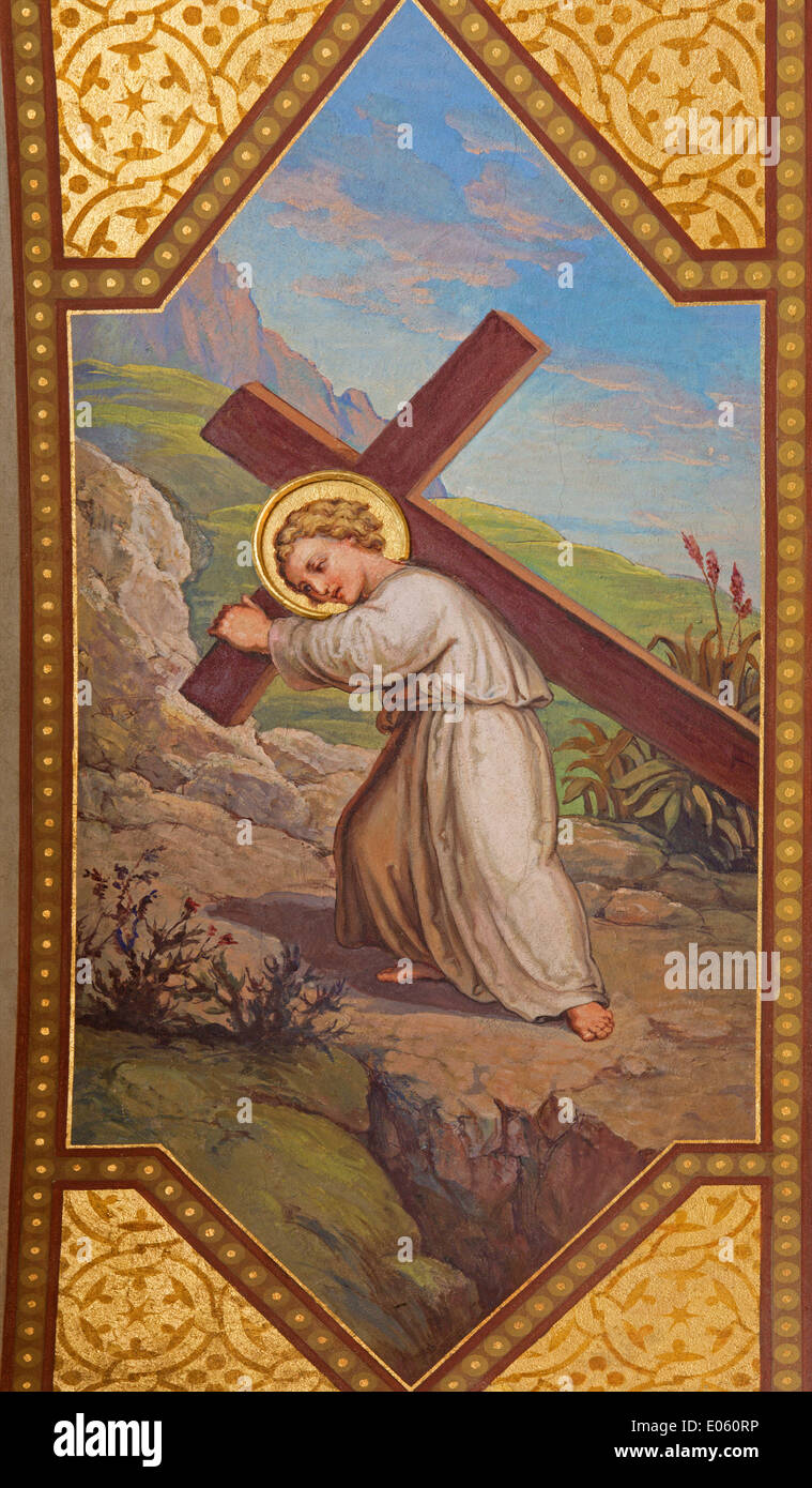 Vienne - Fresque de la scène symbolique du petit Jésus avec la croix ...