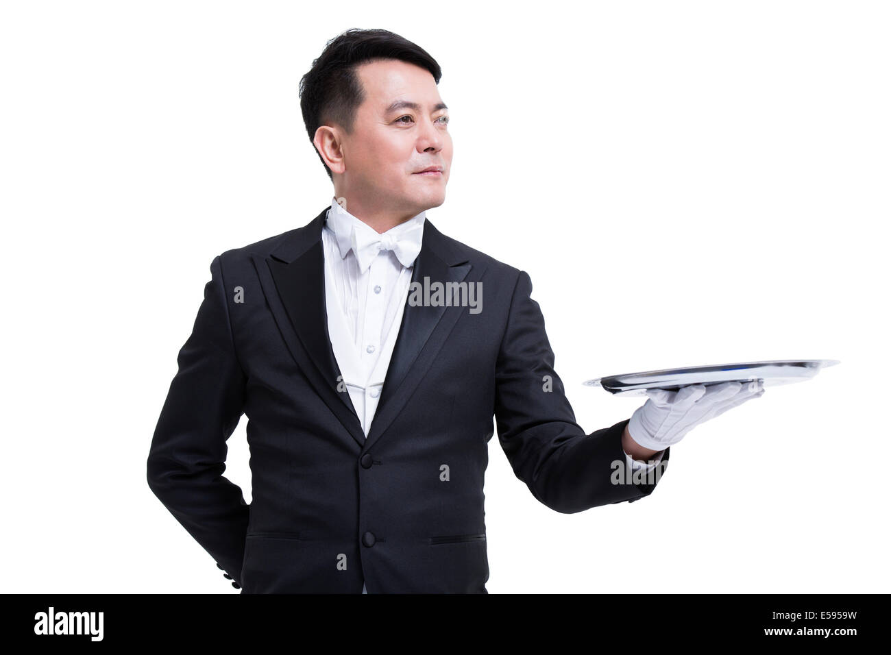 Happy waiter avec plateau de service Photo Stock - Alamy