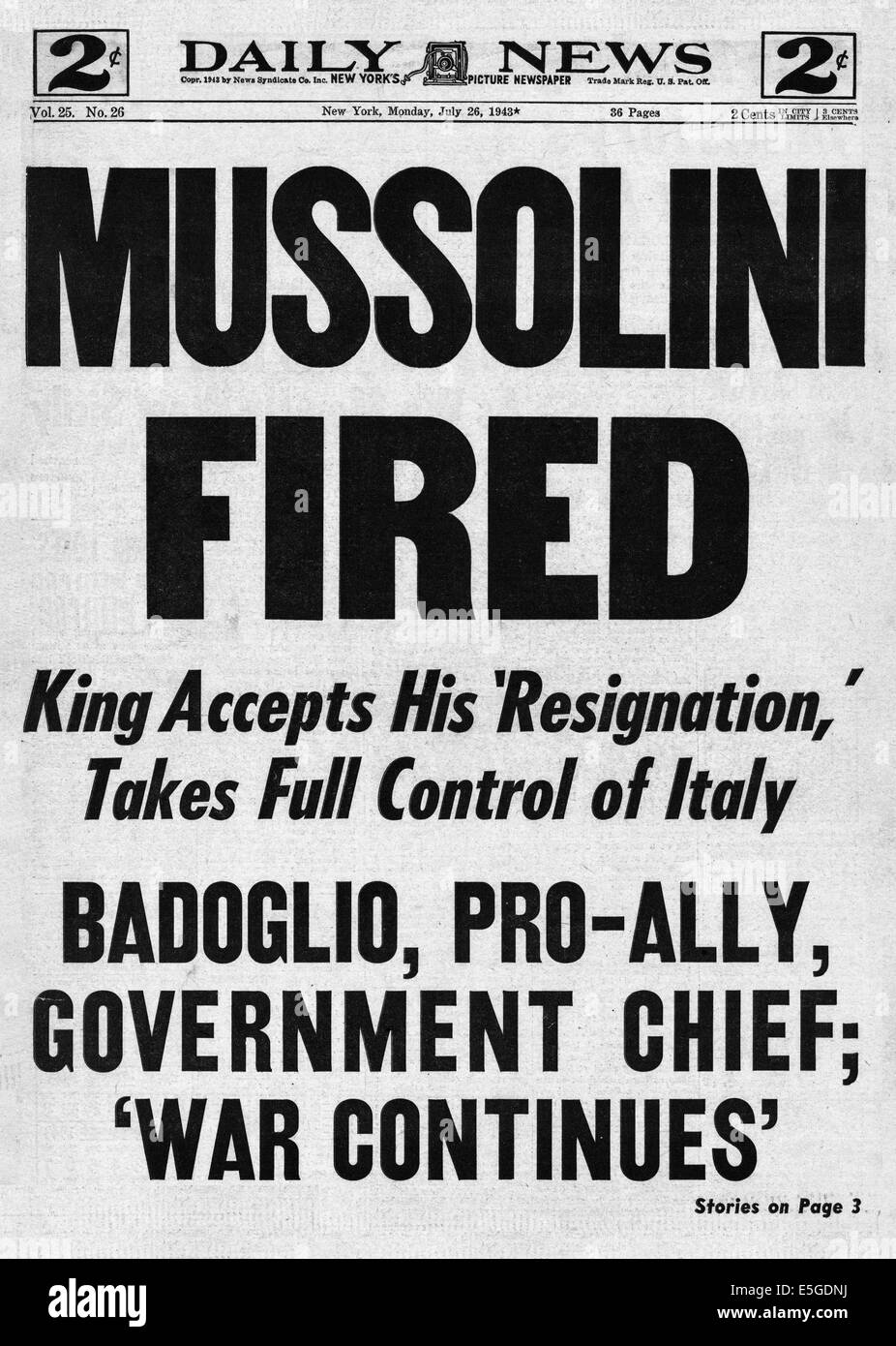 1943 New York Daily News front page signalé la démission de Benito ...