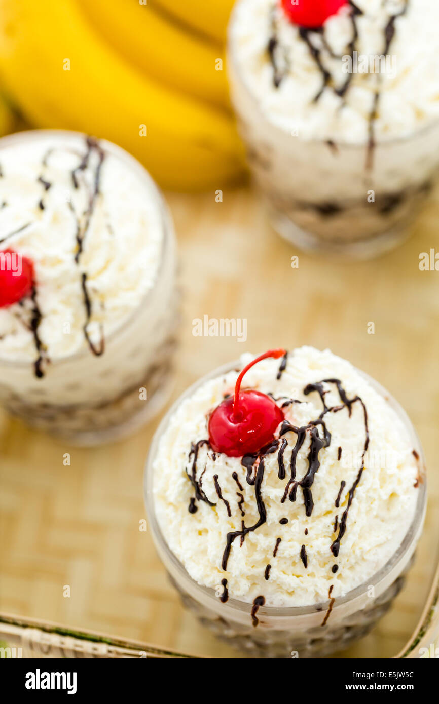 Banana split froid gastronomique garni de boissons au chocolat chocolat noir et cerise Photo ...