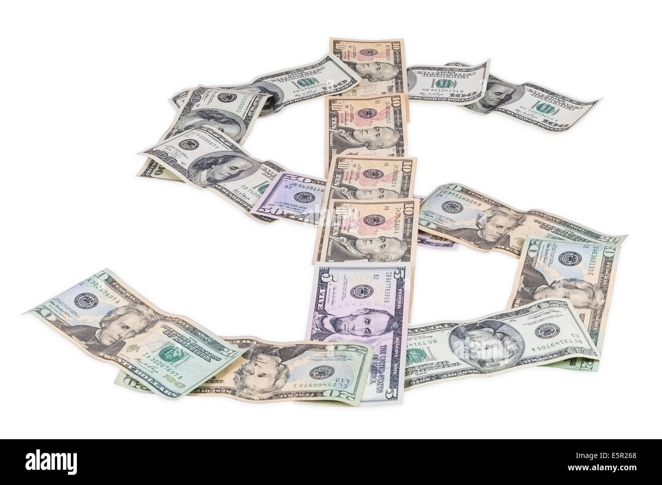 Symbole du dollar a fait des billets de dollar isolated on white ...
