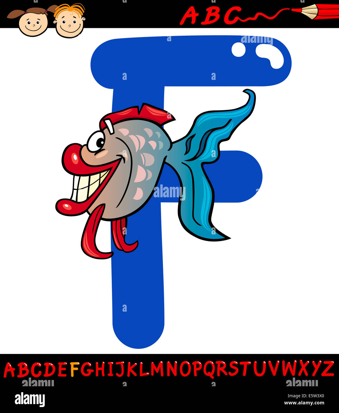 Cartoon Illustration de la lettre F de l'Alphabet avec des poissons ...