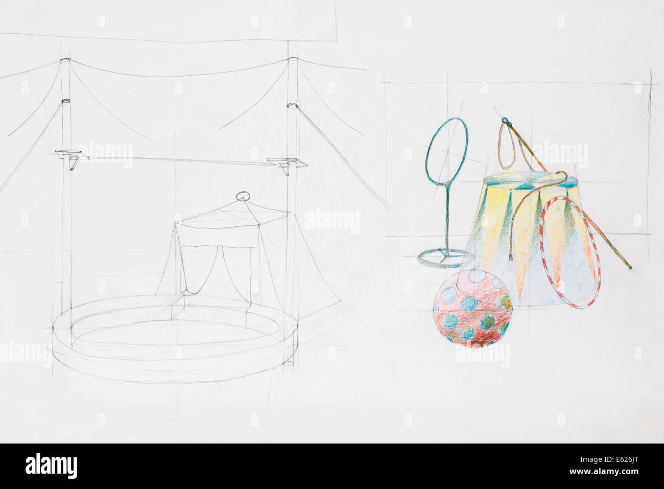 Croquis de graphique le cirque arena et objets colorés, dessinée à la ...