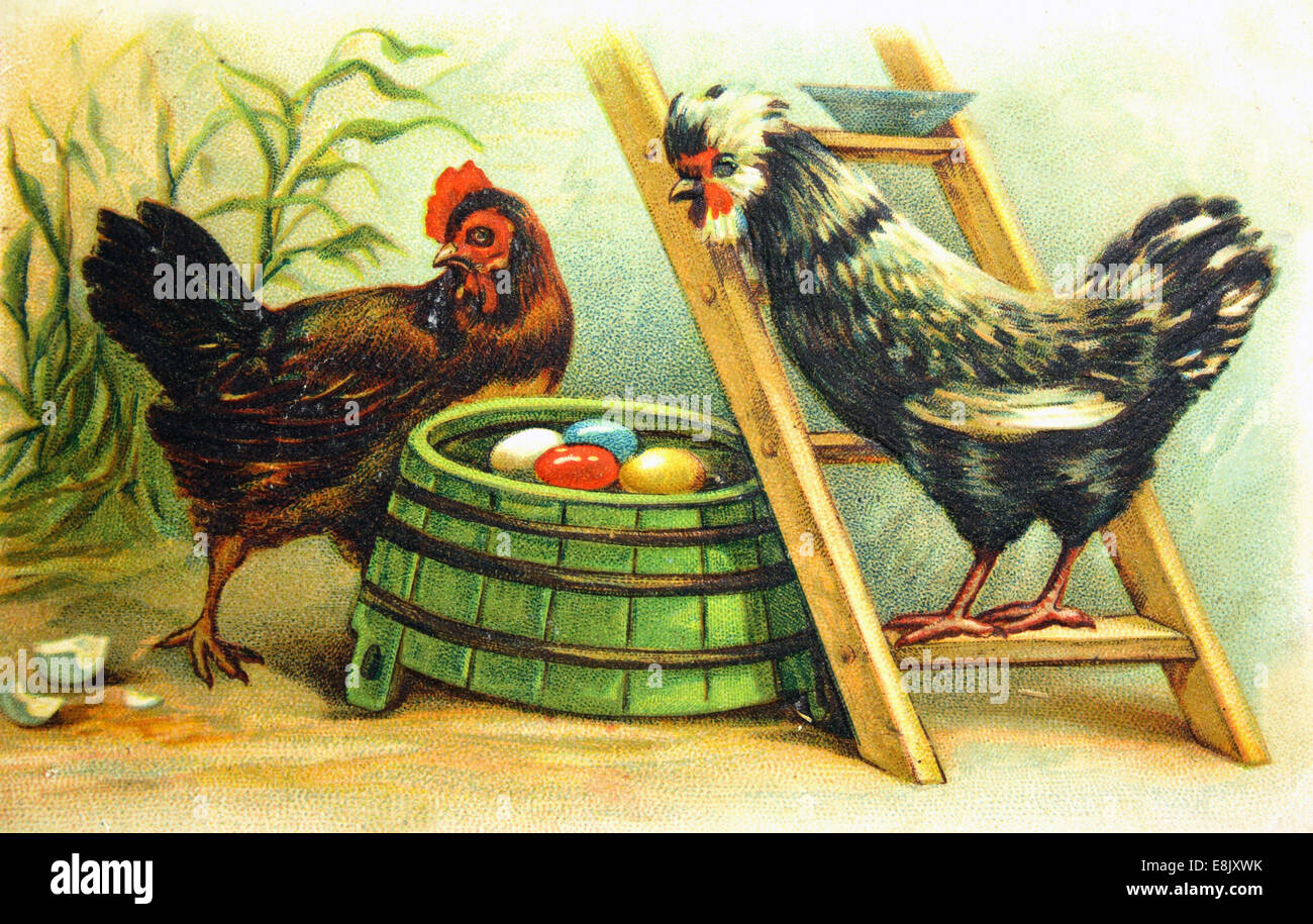 Poule et un coq près du nid avec des oeufs colorés, 1910. Reproduction ...