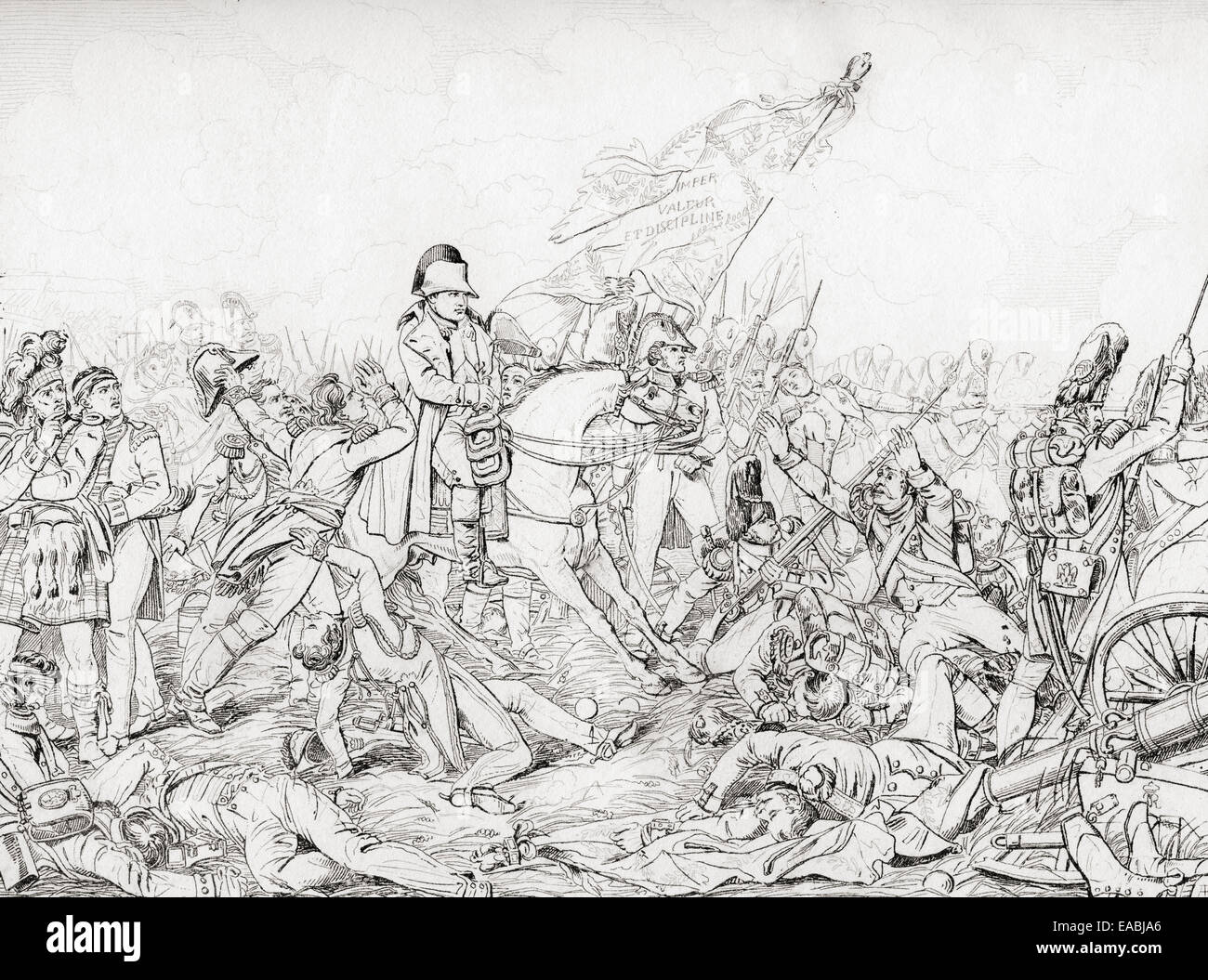 Napoléon à la bataille de Waterloo, le 18 juin 1815. Après la peinture ...