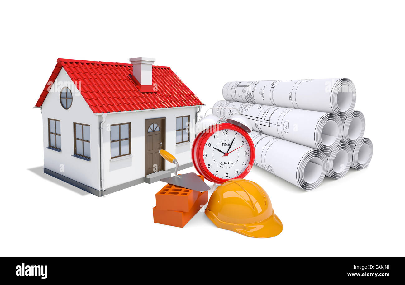 Modèle de petite maison au toit rouge près de volutes des dessins ...