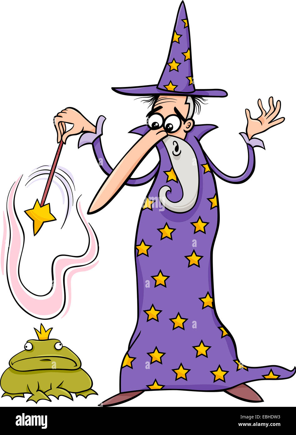 Cartoon Illustration De Fantasy Avec Lassistant De Baguette Magique De Lincantation Dun Sort